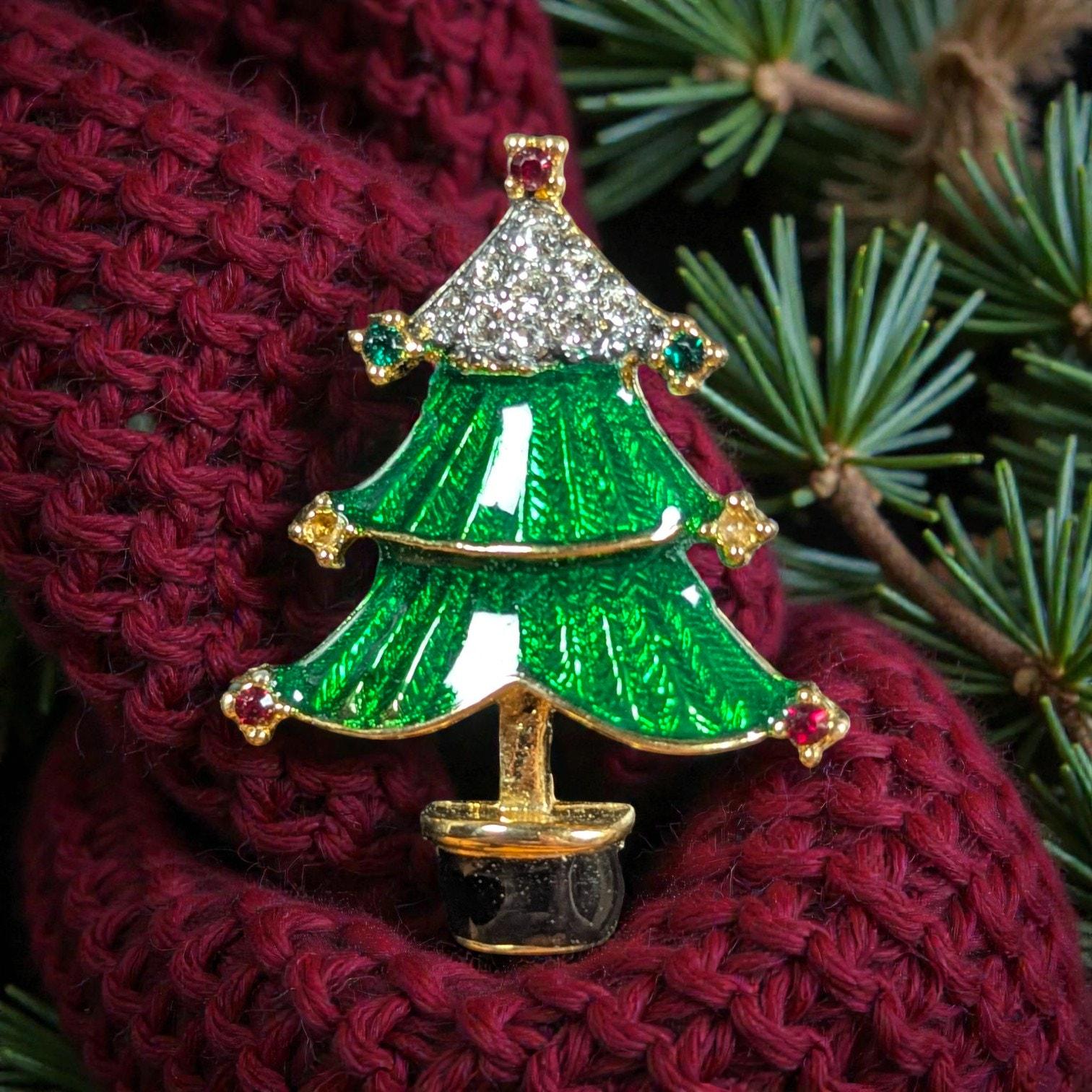 Vintage AFJ Green Enamel Christmas Tree Brooch with Rhinestones