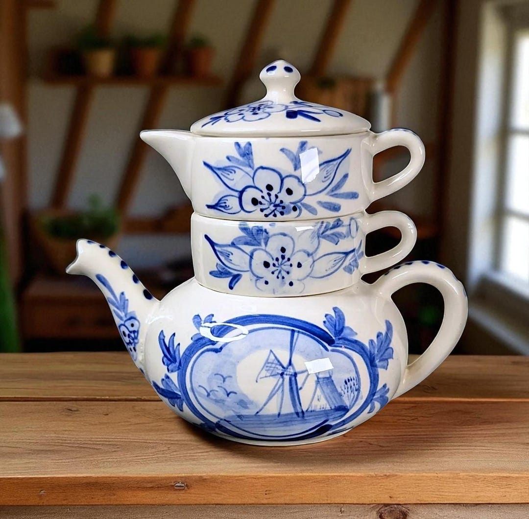 Vintage Shafford Blue and White Stacking Teapot Set – Hand Decorated ...