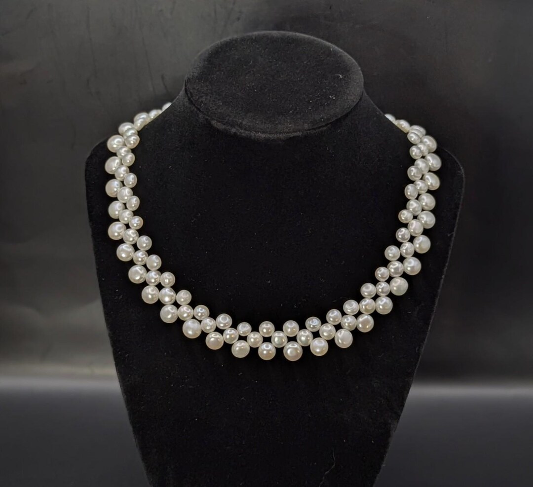 Stunning Vintage 3 Strand Button Pearl Choker Collar With 14k White ...