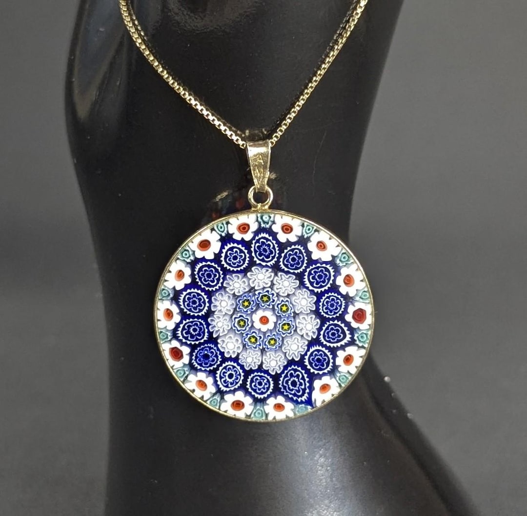 Vintage AMV Millefiori Glass Pendant Necklace / Italian Murano 925 /glass Jewelry Gifts /blue ...