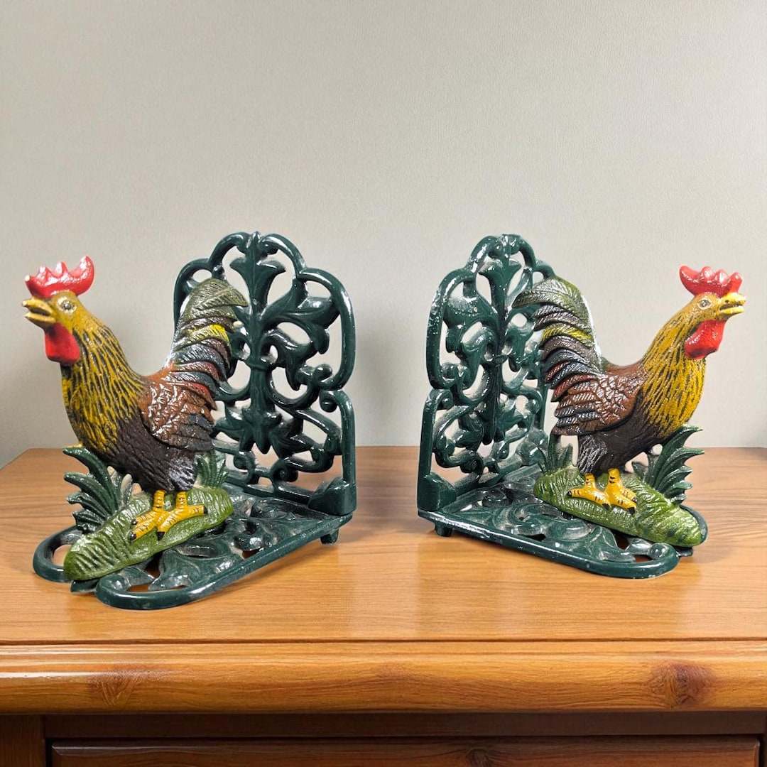 Vintage Cast Iron Rooster Bookends – Farmhouse Rustic Decor 1920s–1950s ...