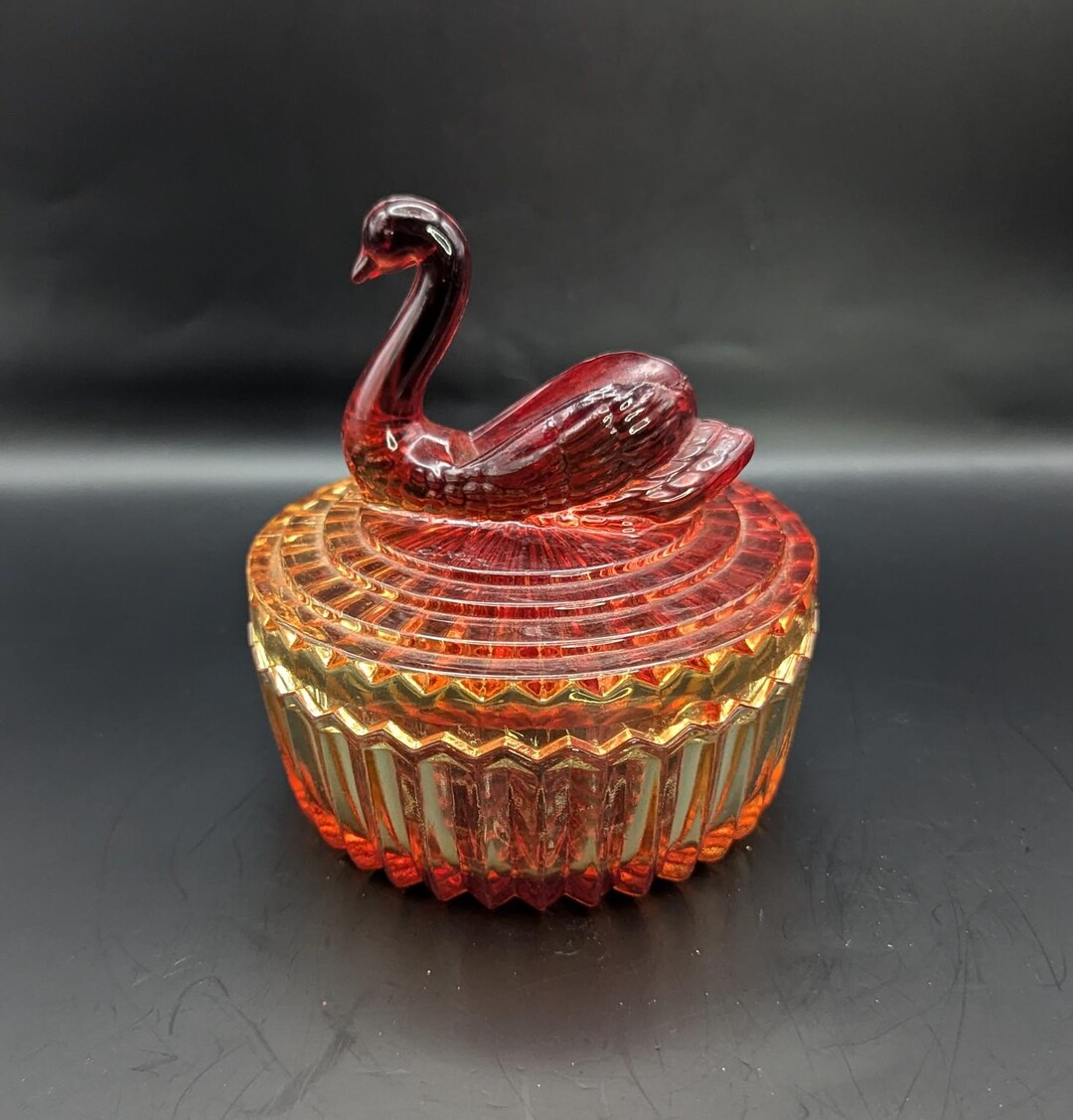 Vintage Jeanette Flash Amberina Swan Powder/jewelry Box, Candy Dish ...