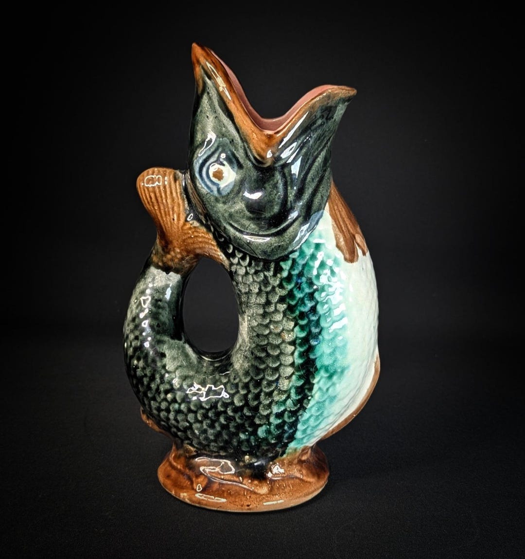 Antique Gluggle Jug Gurgling Fish Pitcher Glug Glug Jug Majolica ...