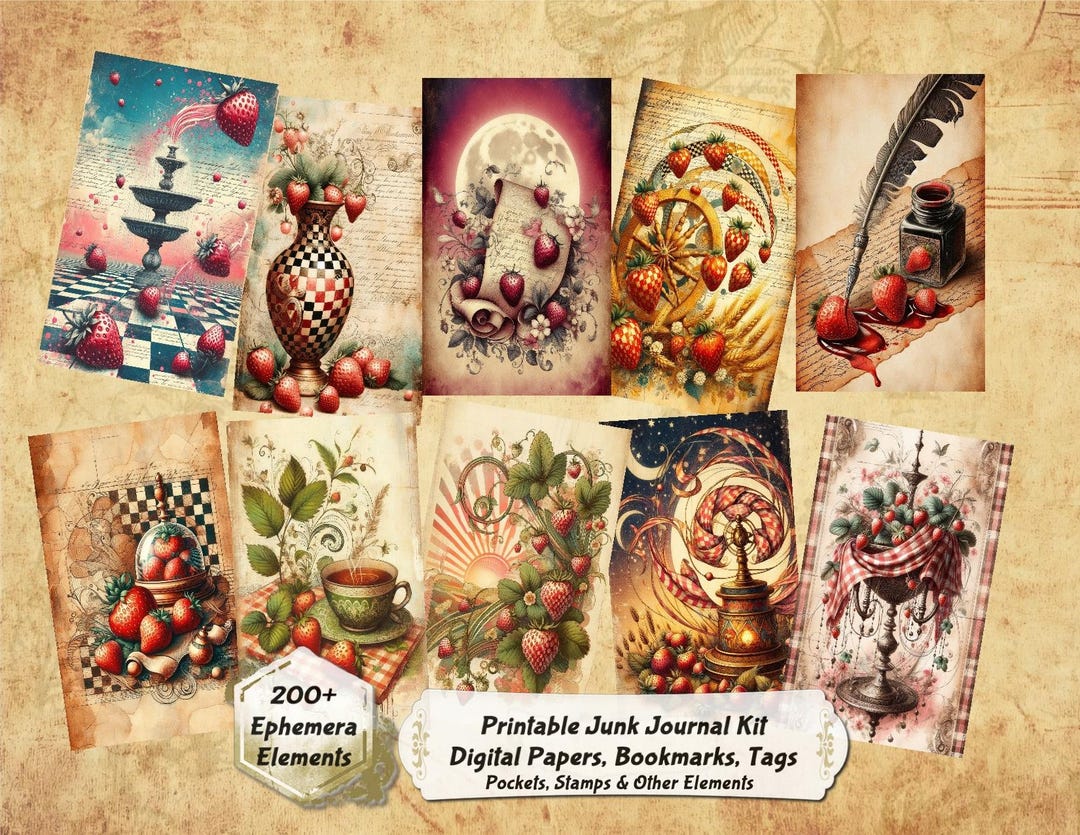 Checked Strawberry Junk Journal Kit: 58 Sweet Fruit Digital Papers ...