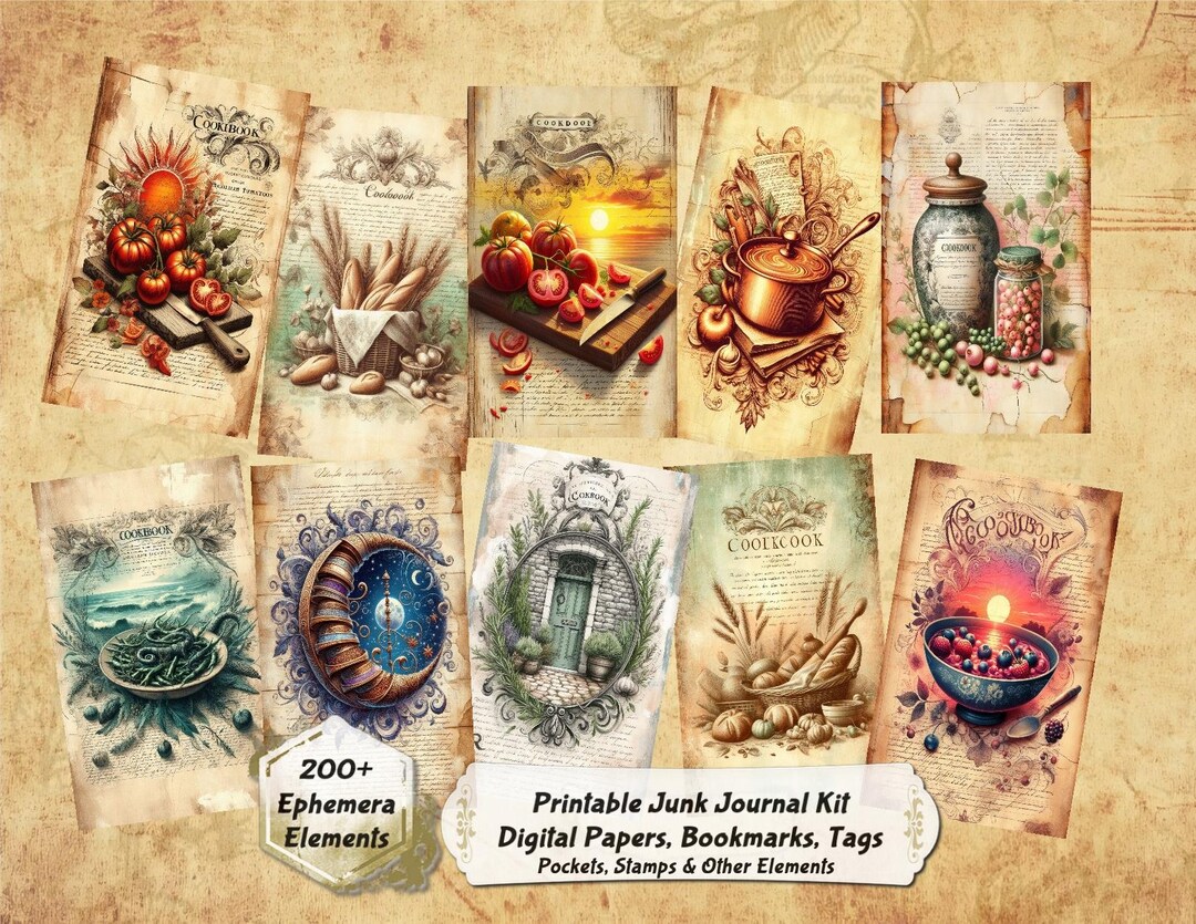 Cookbook Junk Journal Kit: 56 Recipe Collection Digital Papers ...