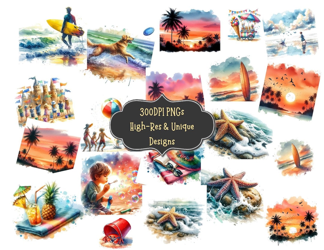 Watercolor Beach Clipart Bundle: Summer Fun PNG Art (digital Download ...