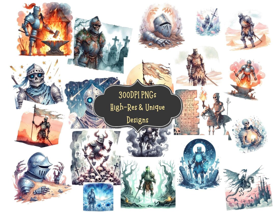 Undead Knight Clipart: Terrifying Watercolor PNG Graphics (digital ...