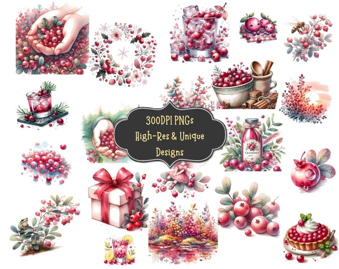 14 Cranberry Clipart Bundle, Cranberry Branch Illustrations, Printable ...