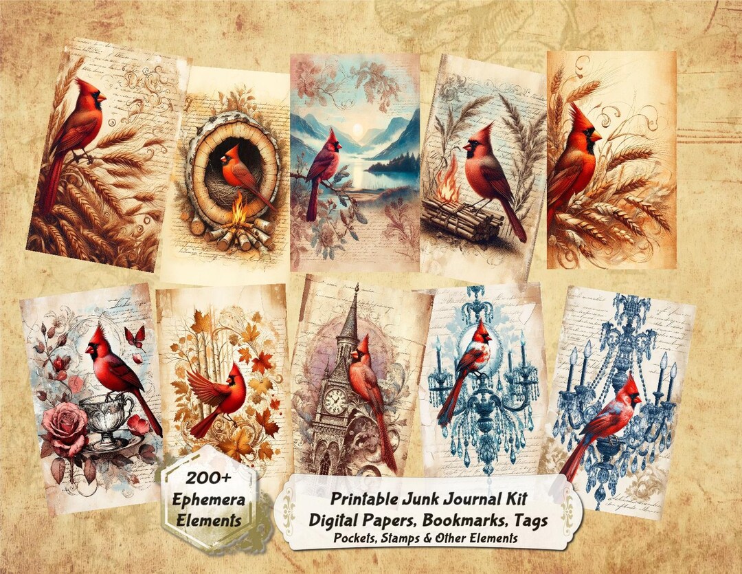 Kit Cardinal Junk Journal: 58 Papéis Digitais e Efêmeros Redbird ...