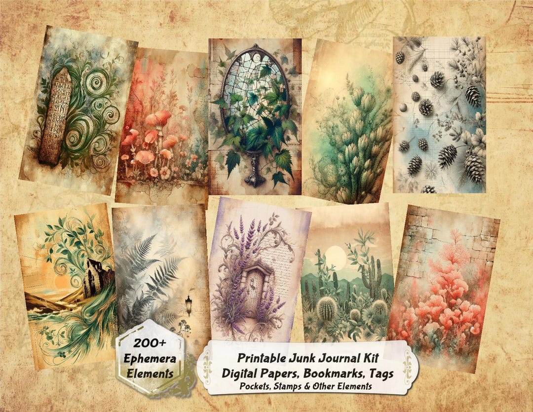 Botanical Grid Junk Journal Kit: 30 Floral Digital Papers & Ephemera ...