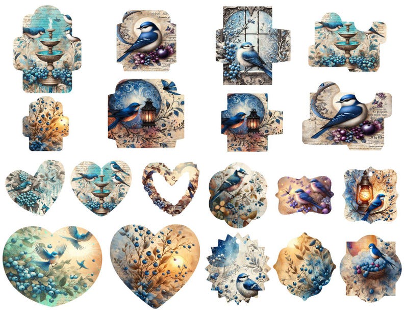 Kit Blue Bird Berry Junk Journal: 60 Papéis Digitais e Enfeites com ...