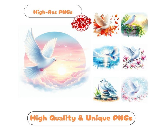 Doves in Flight Printable Clipart Set, 8 High-resolution PNG Images ...
