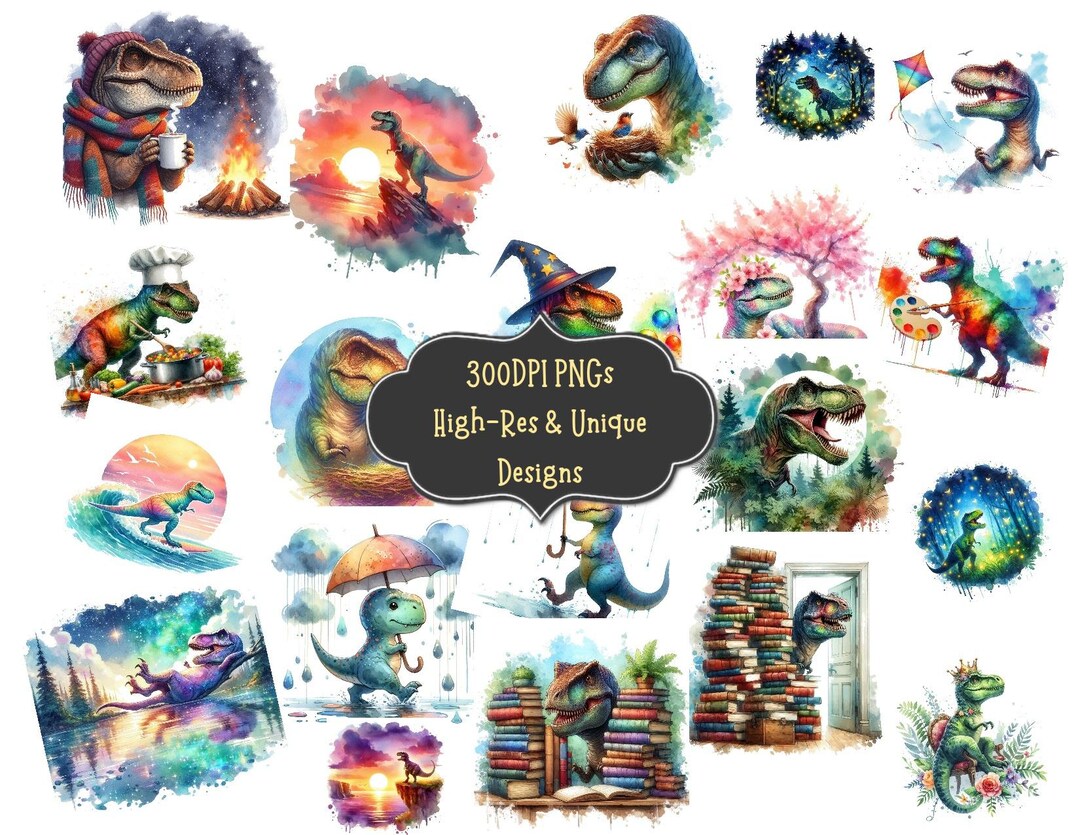 Watercolor T Rex Clipart Bundle: Whimsical Dinosaur PNG Graphics ...