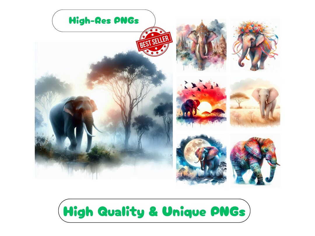 Watercolor Elephant Clipart Set: Nursery Wall Art PNG Graphics (digital ...