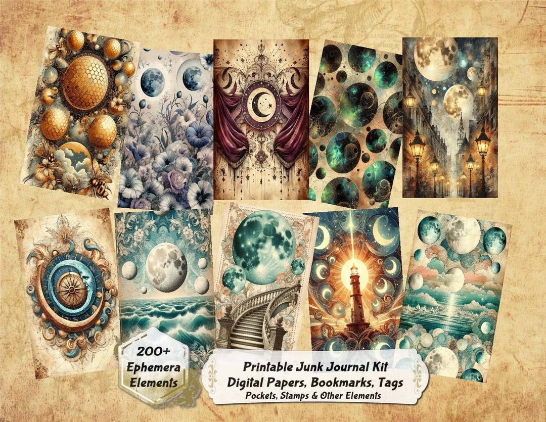 Celestial Moons Junk Journal Kit: 48 Lunar Digital Papers & Ephemera ...
