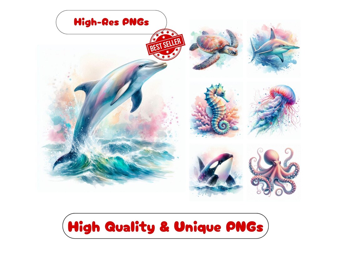 32 Cute Sea Animals Clipart PNG Bundle, Printable Sea Animals Graphics ...