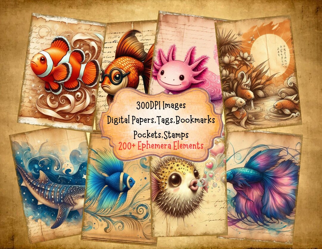 Vintage Fish Junk Journal Kit: Printable Ephemera, Digital Papers ...