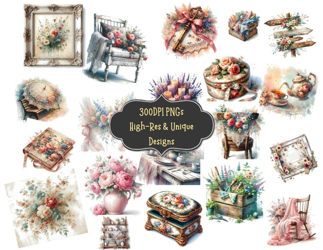 Shabby Chic Watercolor Clipart Bundle: Cottage Style PNG Art (digital ...