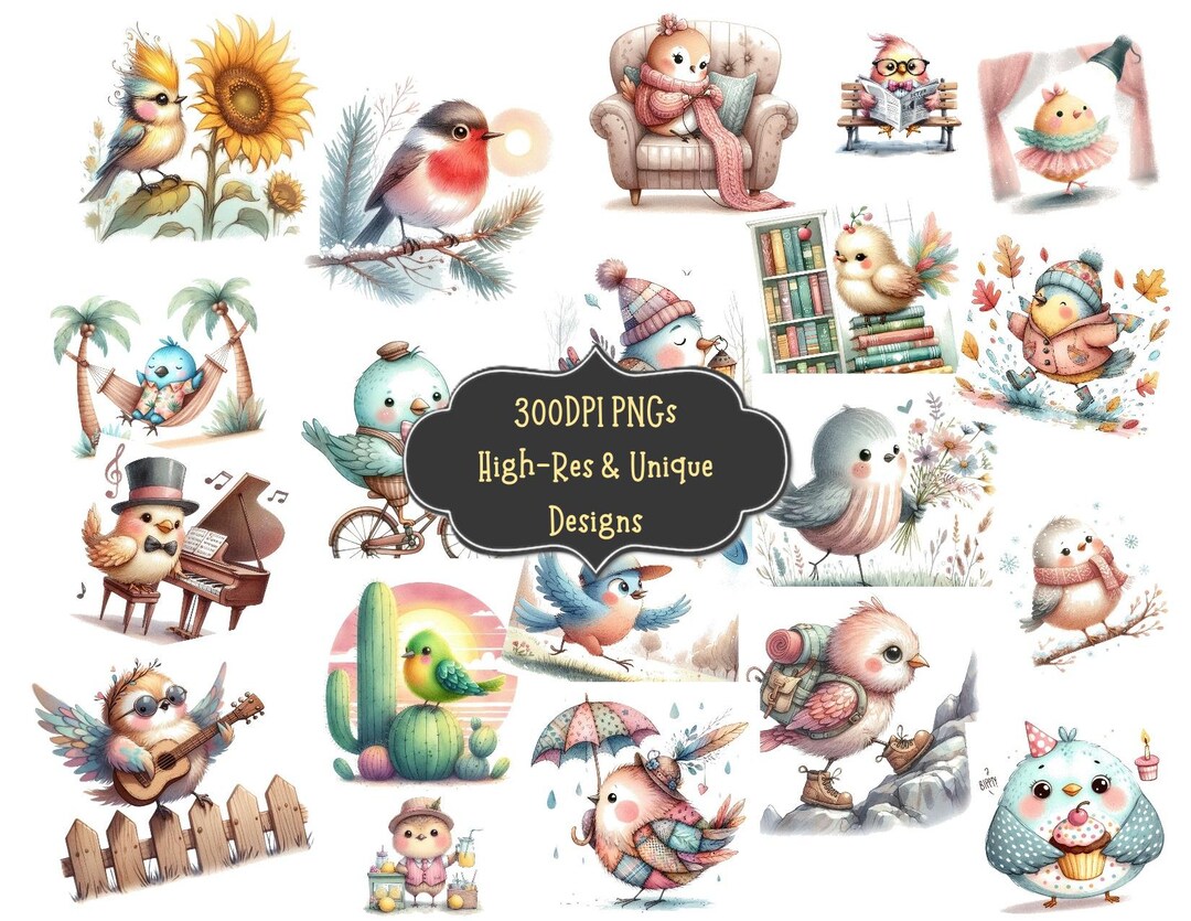 Watercolor Bird Clipart: Quirky PNG Bundle for DIY Crafts (digital ...