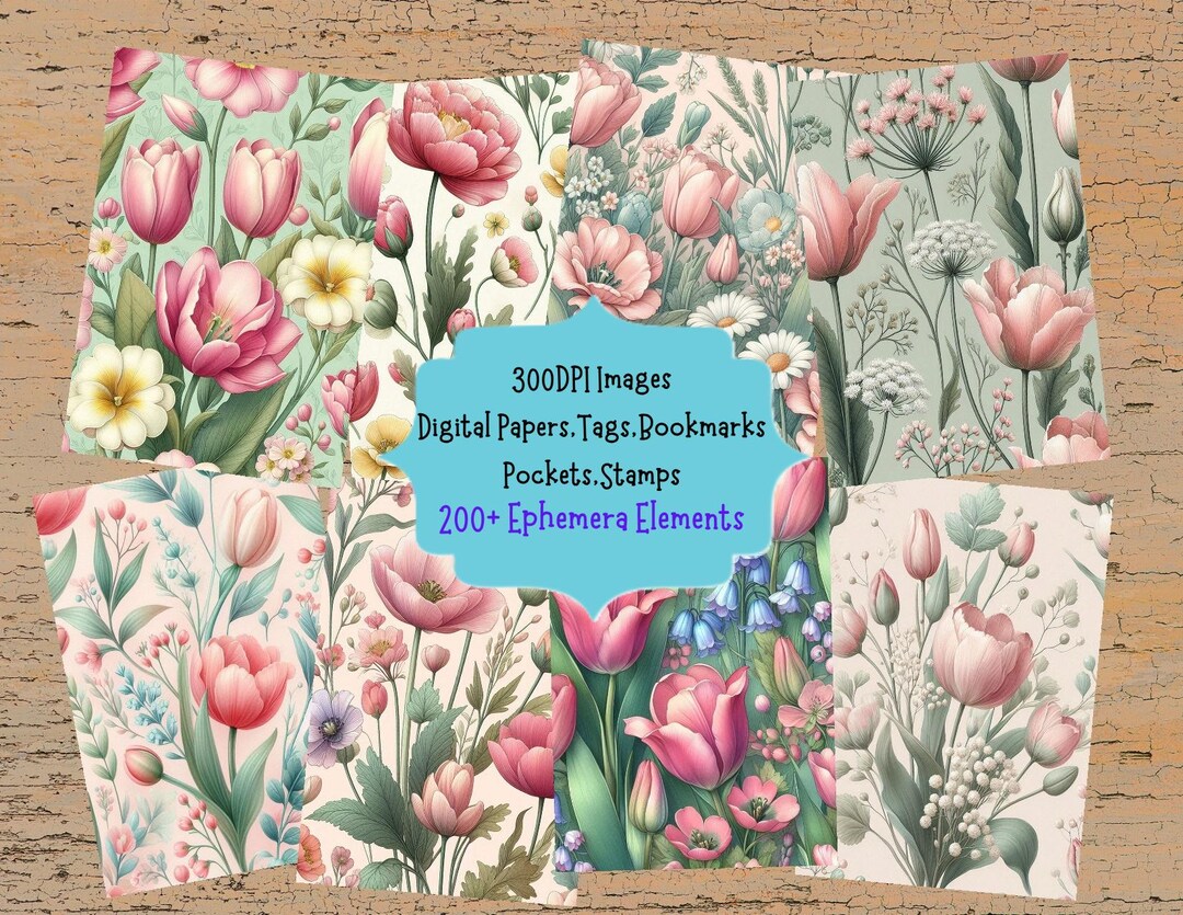 Pink Tulips Digital Paper Set, Seamless Pattern, Journal Ephemera ...