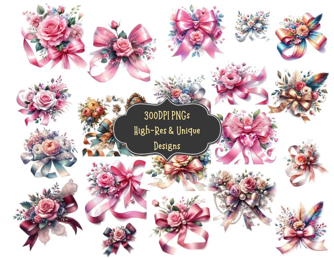 Pink Coquette Ribbon Watercolor Clipart Bundle: Scrapbooking, Wall Art ...