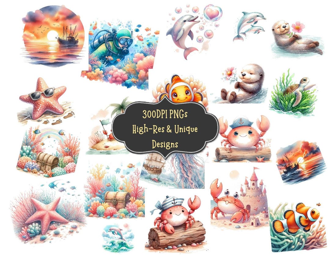 Watercolor Sea Animal Clipart Bundle: Ocean PNG Graphics (digital ...