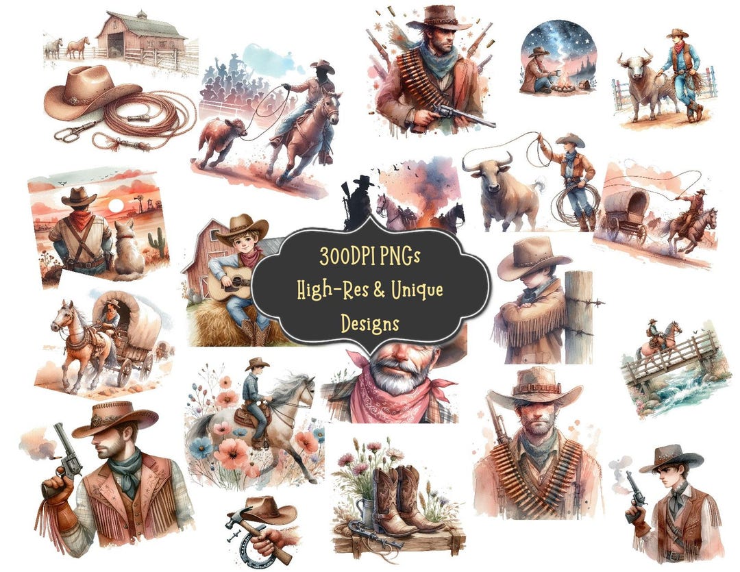 Watercolor Cowboy Clipart Bundle: Western PNG Graphics (digital ...