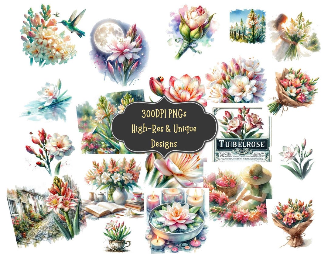 66 Tuberose Watercolor Clipart PNG Bundle With PNG Art for Digital ...