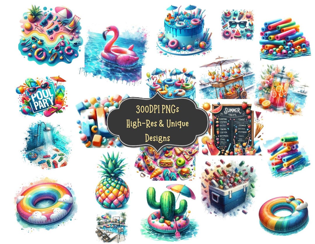 Watercolor Pool Party Clipart Bundle: Summer PNG Graphics (digital ...