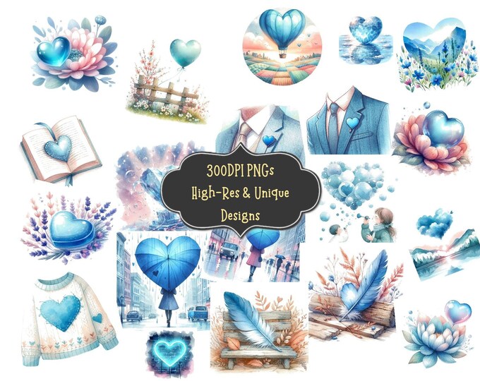 14 Watercolor Blue Heart Clipart, Blue Love Heart Illustrations for ...