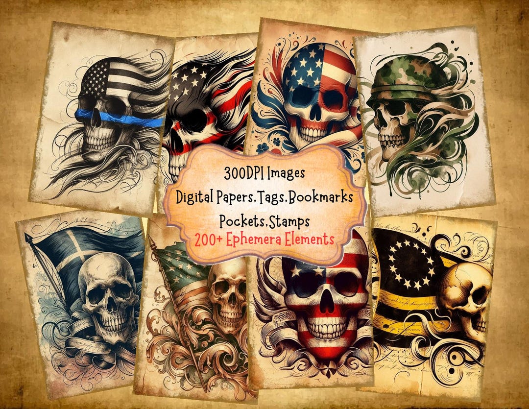 Vintage Flag Skull Junk Journal Kit: Printable Ephemera, Digital Papers ...