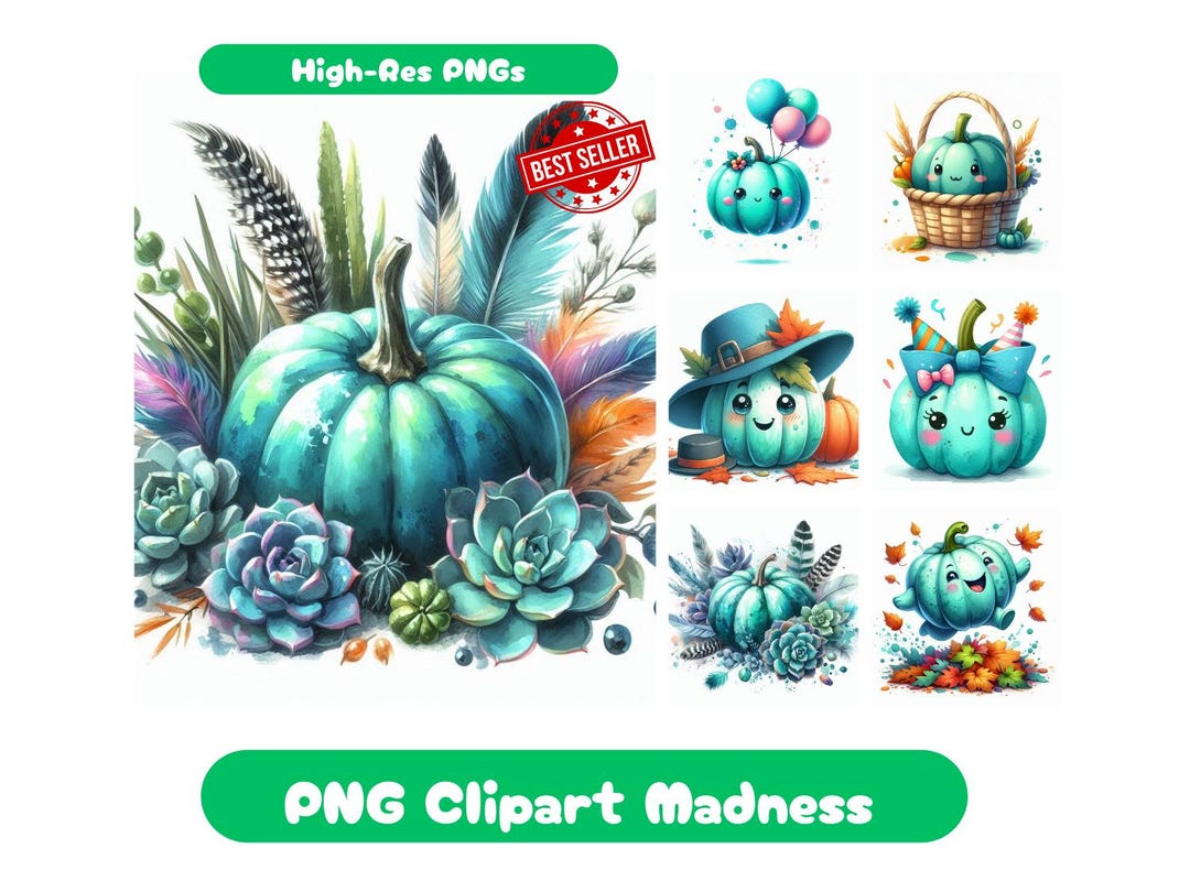 25 Teal Pumpkin Clipart PNG Set, Clipart Bundle Printable Pumpkin Teal ...