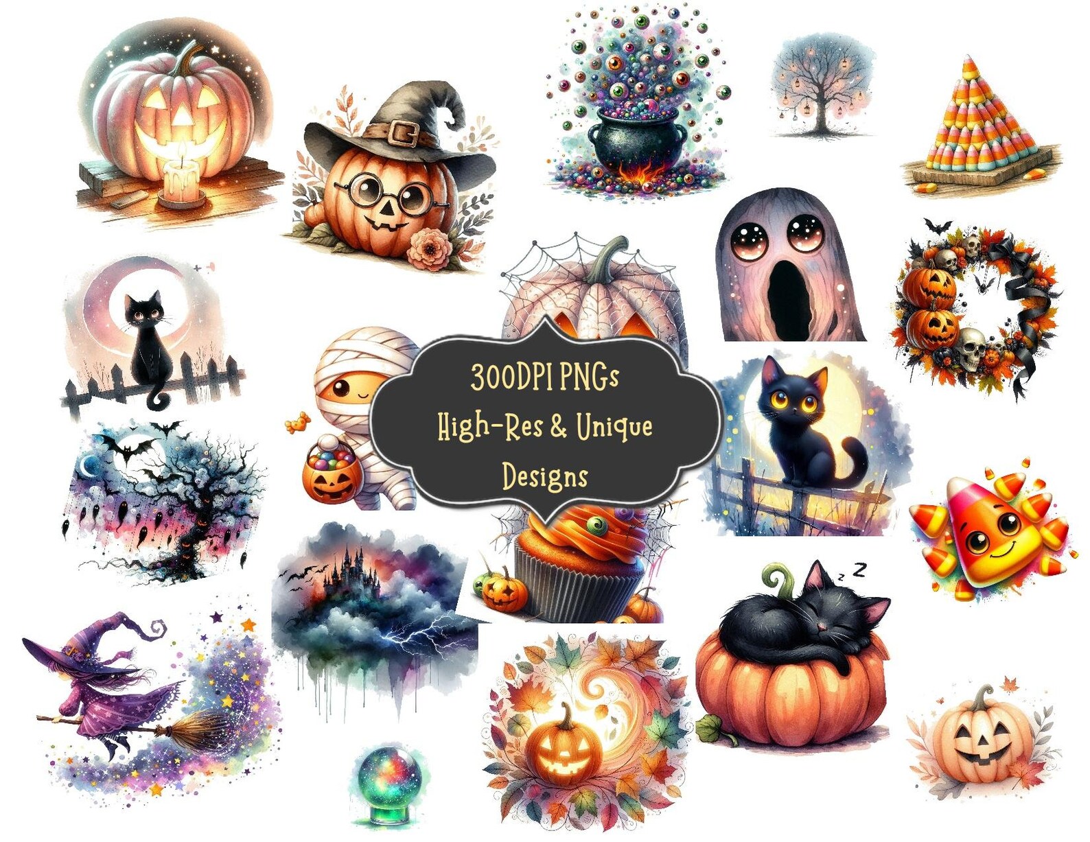 51 Halloween Watercolor Clipart PNG Bundle With PNG Digital Artwork ...