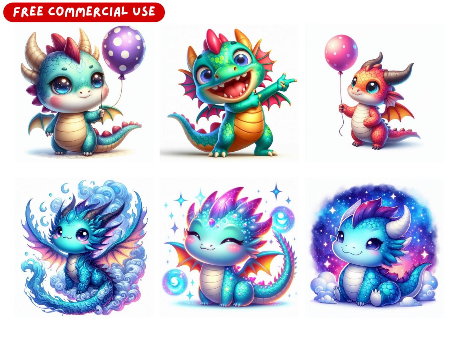 35 Kawaii Dragon Watercolor Clipart PNG Set, Whimsical Dragon Clipart ...