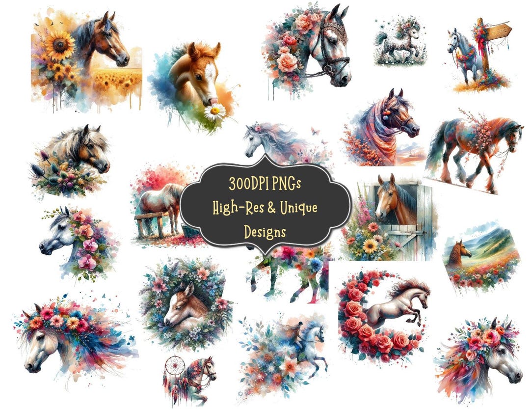 Watercolor Horses Clipart: Floral PNG Bundle (digital Download) - Etsy