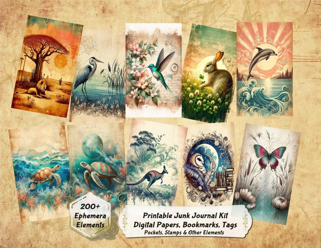 Animal Life Junk Journal Kit: 56 Creative Journal Set Digital Papers ...