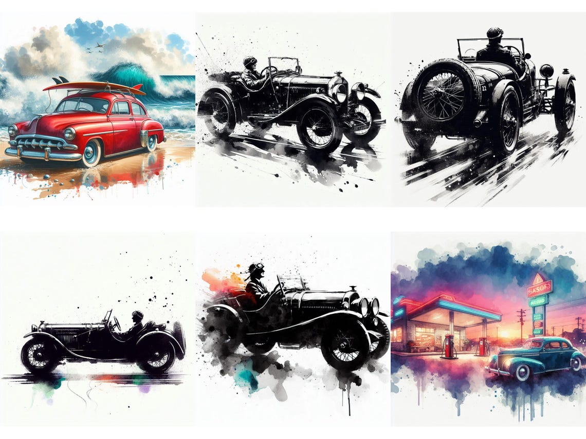 Vintage Car Clipart Set: Retro Watercolor PNG Graphics (digital ...