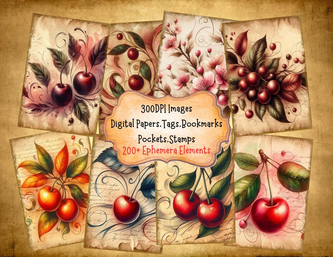 Vintage Cherry Junk Journal Kit: Printable Ephemera, Collage Sheets ...