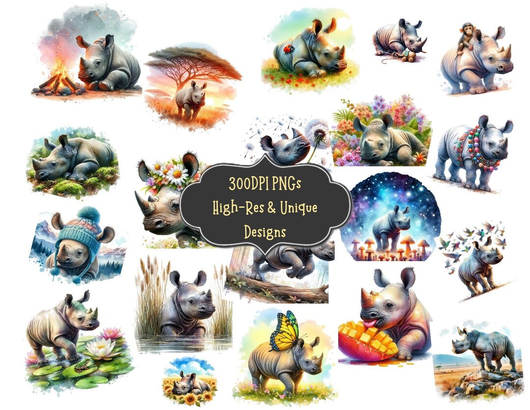 Vintage Rhinoceros Watercolor Clipart: PNG Bundle (digital Download) - Etsy