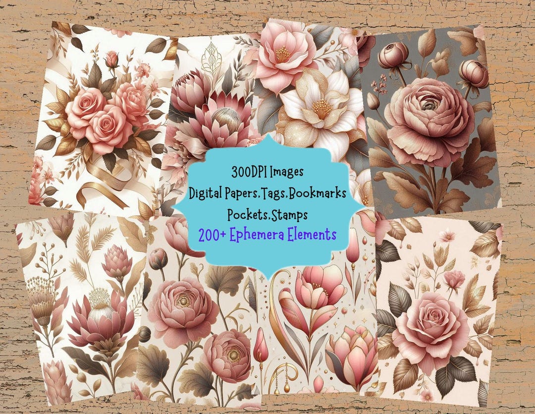 Pink & Gold Floral Digital Paper Kit: Vintage Ephemera, Junk Journal ...