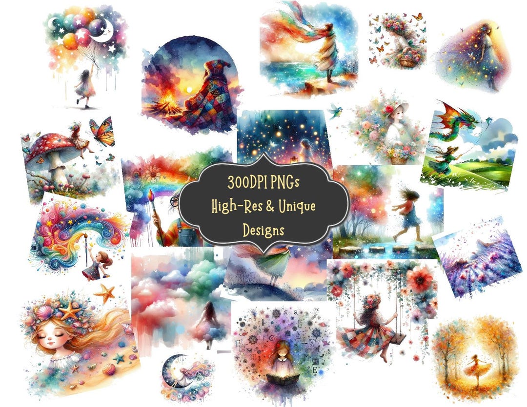 62 Whimsical Girl Watercolor Clipart PNG Bundle: PNG Digital Print ...