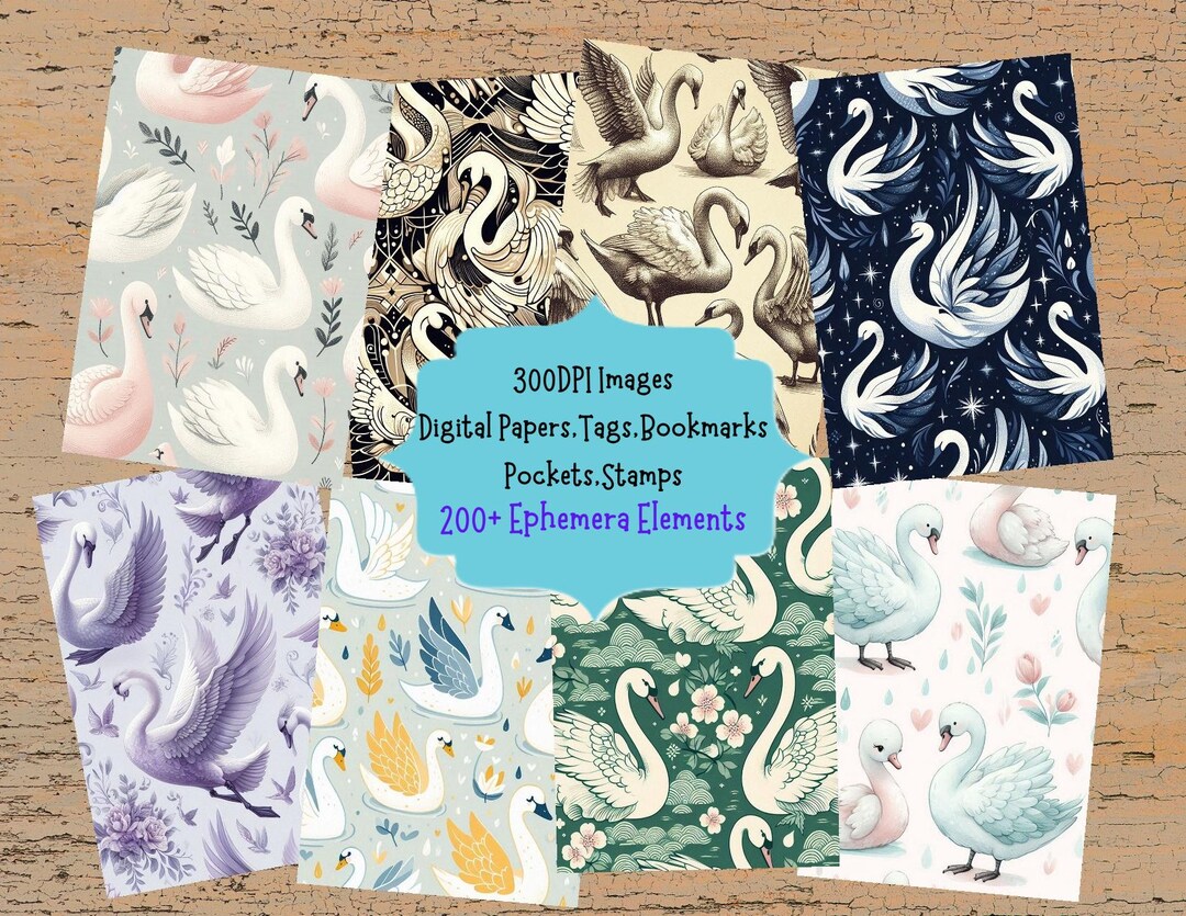 Vintage Swan Digital Paper Pack: Seamless Patterns, Ephemera (digital ...