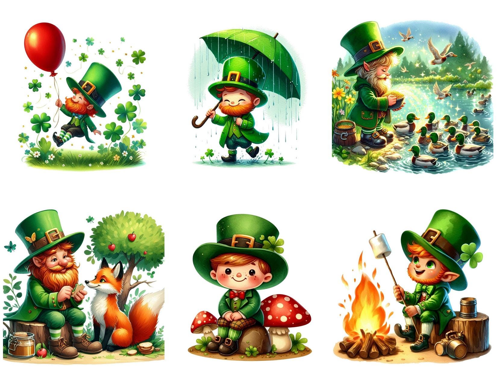 60 Cute Leprechaun Watercolor Clipart PNG Bundle: Printable PNG Clipart ...