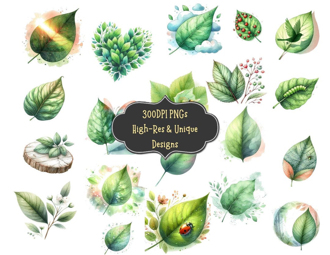 Watercolor Green Leaves Clipart Bundle: DIY Scrapbooking, Invitations ...
