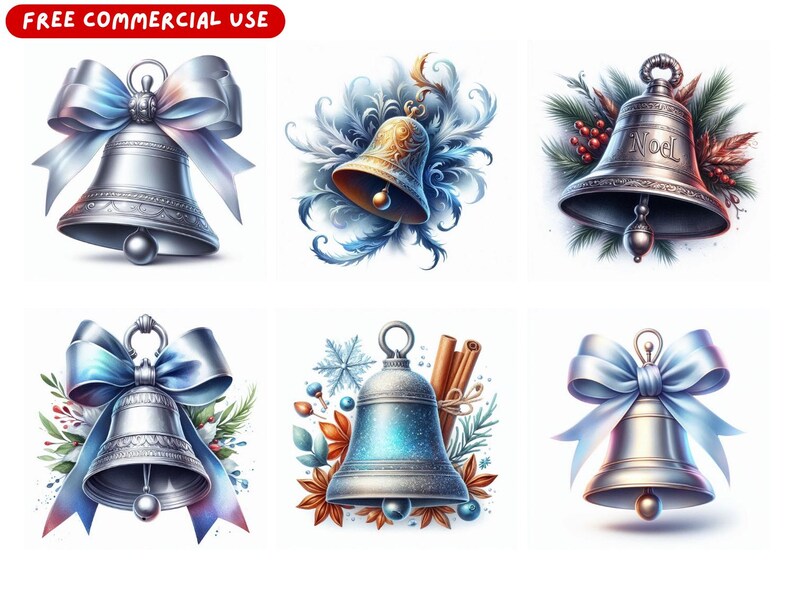 20 Watercolor Silver Bells Clipart PNG Bundle, Christmas Bell Clip Art ...