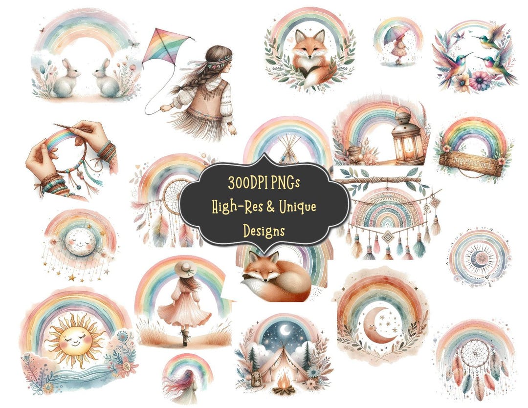 Pastel Rainbow Watercolor Clipart: Boho PNG Bundle (digital Download ...
