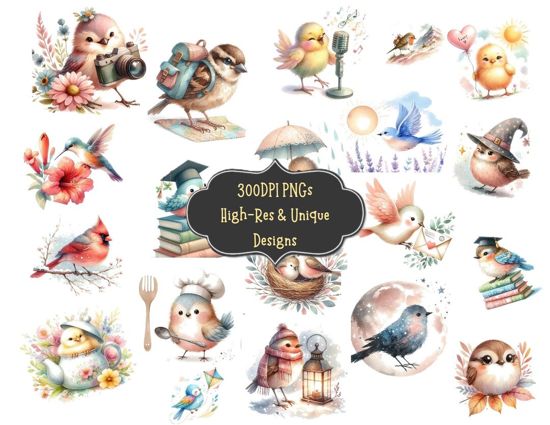 Pastel Bird Watercolor Clipart Bundle: Whimsical PNG Graphics (digital ...