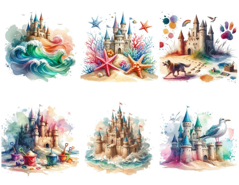 Watercolor Sandcastle Clipart Bundle: Beach Castle Pngs (digital ...