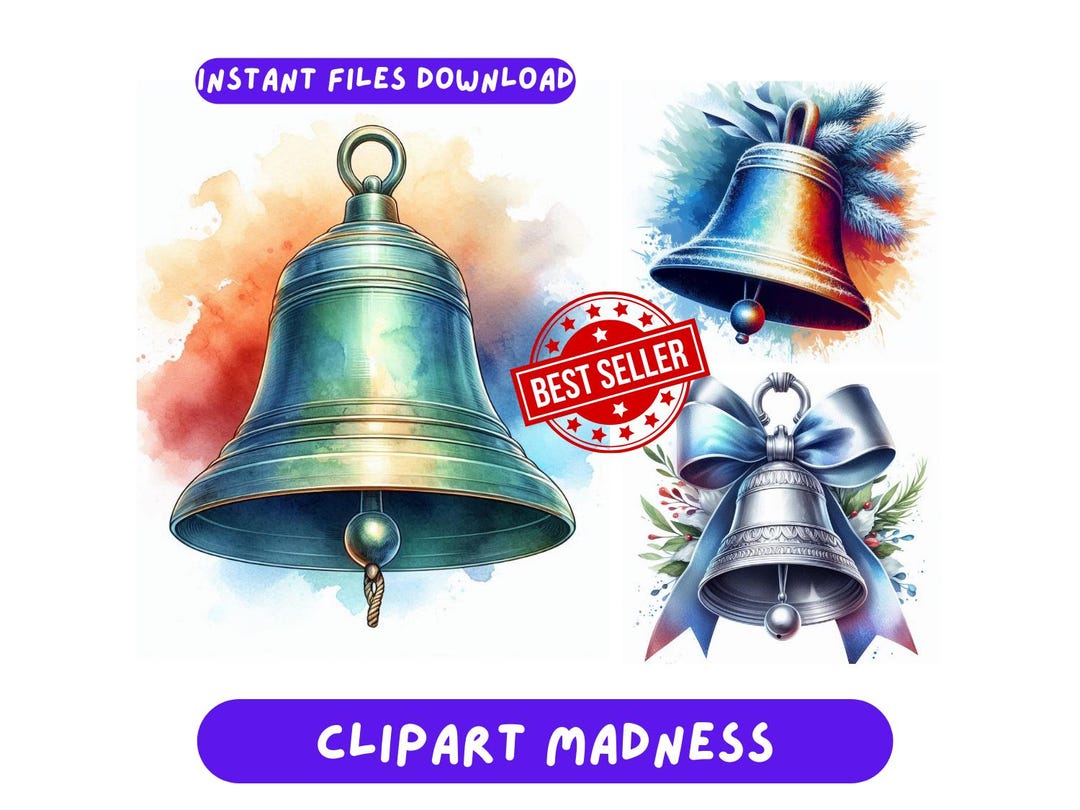 20 Watercolor Silver Bells Clipart PNG Bundle, Christmas Bell Clip Art ...