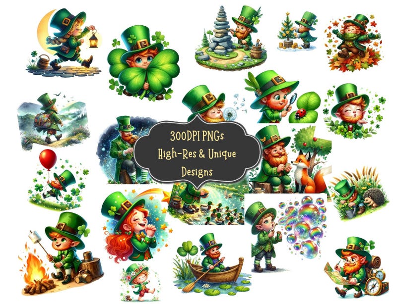 60 Cute Leprechaun Watercolor Clipart PNG Bundle: Printable PNG Clipart ...